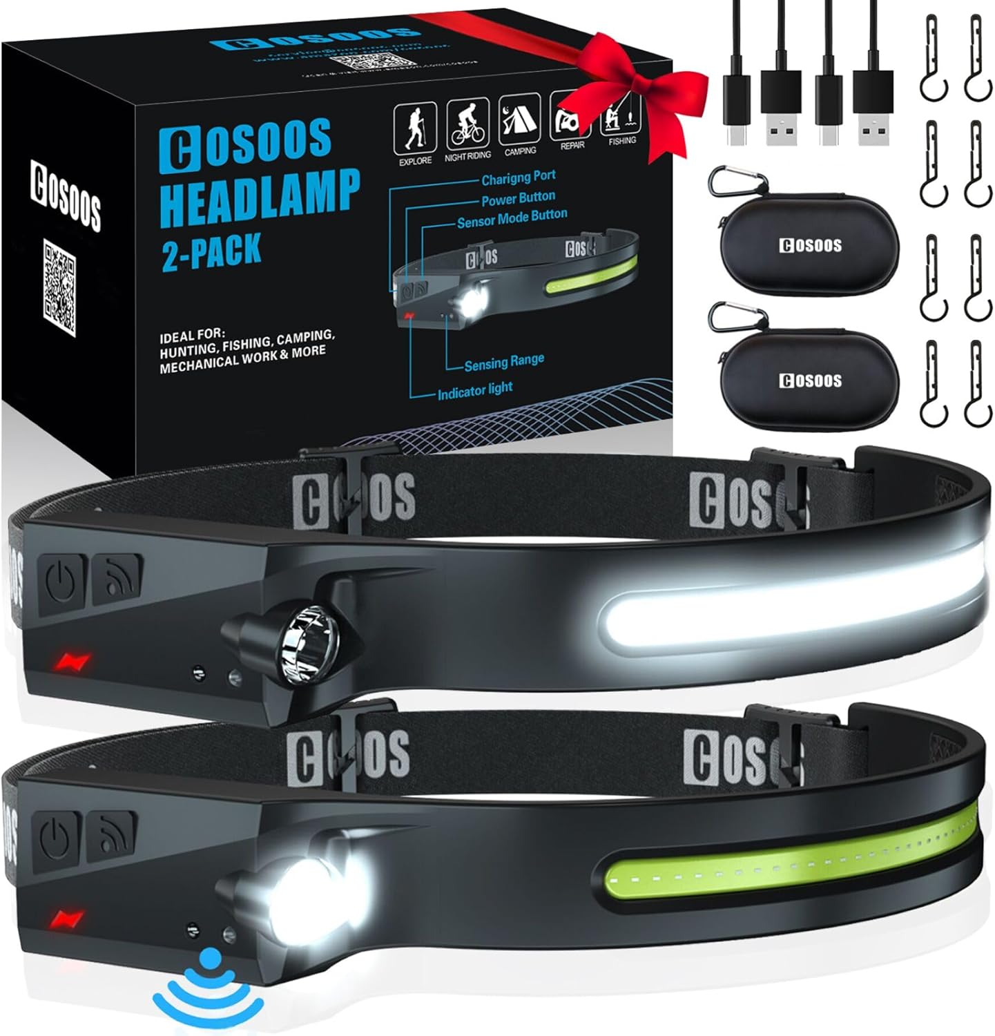 COSOOS 2 Rechargeable Headlamp Flashlight & Carry Case